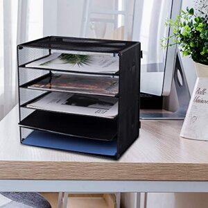 EASEPRES 5 Slot Desk Organizer Tray, Mesh File Paper Letter Tray Desktop Paper Sorter Literature Organizer Rack for Home, Office, or School, Black