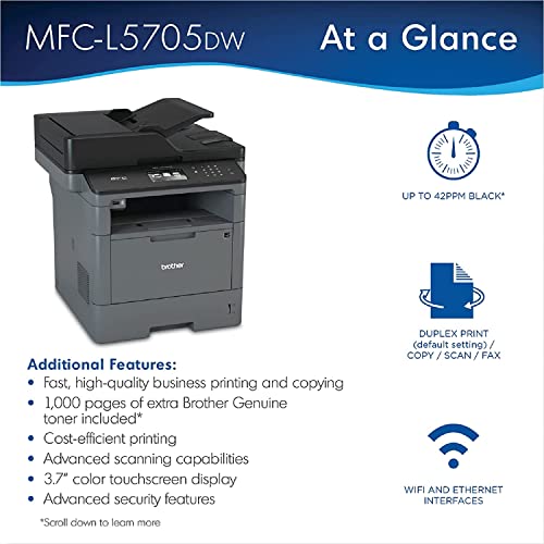 Brother MFC-L5705DW All-in-One Wireless Monochrome Laser, AutoDuplex Printing, Copy | Scan | Fax, 1200 x 1200 dpi, 42ppm, 256MB,50-Sheet ADF, WULIC Printer Cable