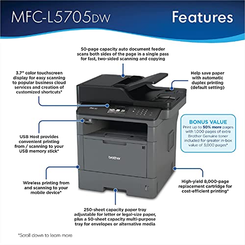 Brother MFC-L5705DW All-in-One Wireless Monochrome Laser, AutoDuplex Printing, Copy | Scan | Fax, 1200 x 1200 dpi, 42ppm, 256MB,50-Sheet ADF, WULIC Printer Cable