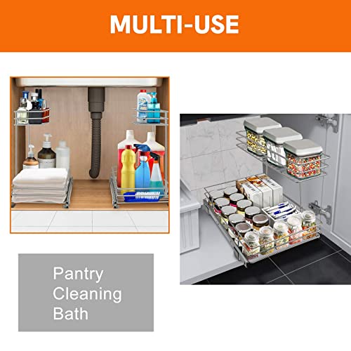 AHNR Pull Out Cabinet Organizer, 2-Tier Under Sink Slide Out Kitchen Cabinet Storage Shelves with Sliding Storage Drawer for Cabinet - 12.6W x 16.5D x 13H, Request at Least 13" Cabinet Opening