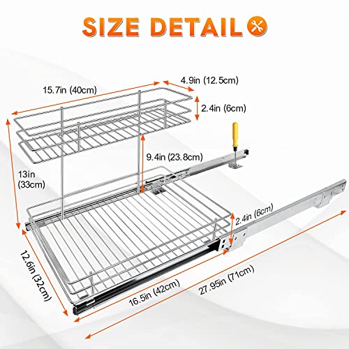 AHNR Pull Out Cabinet Organizer, 2-Tier Under Sink Slide Out Kitchen Cabinet Storage Shelves with Sliding Storage Drawer for Cabinet - 12.6W x 16.5D x 13H, Request at Least 13" Cabinet Opening