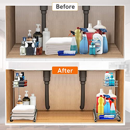 AHNR Pull Out Cabinet Organizer, 2-Tier Under Sink Slide Out Kitchen Cabinet Storage Shelves with Sliding Storage Drawer for Cabinet - 12.6W x 16.5D x 13H, Request at Least 13" Cabinet Opening