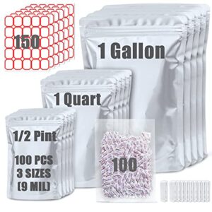 100 pack mylar bags for food storage with 100x300cc oxygen absorbers – 9 mil 10″x14″ 6″x9″ 4.3″x6.3″ – resealable bags for packaging products & ziplock food grade bags for storage