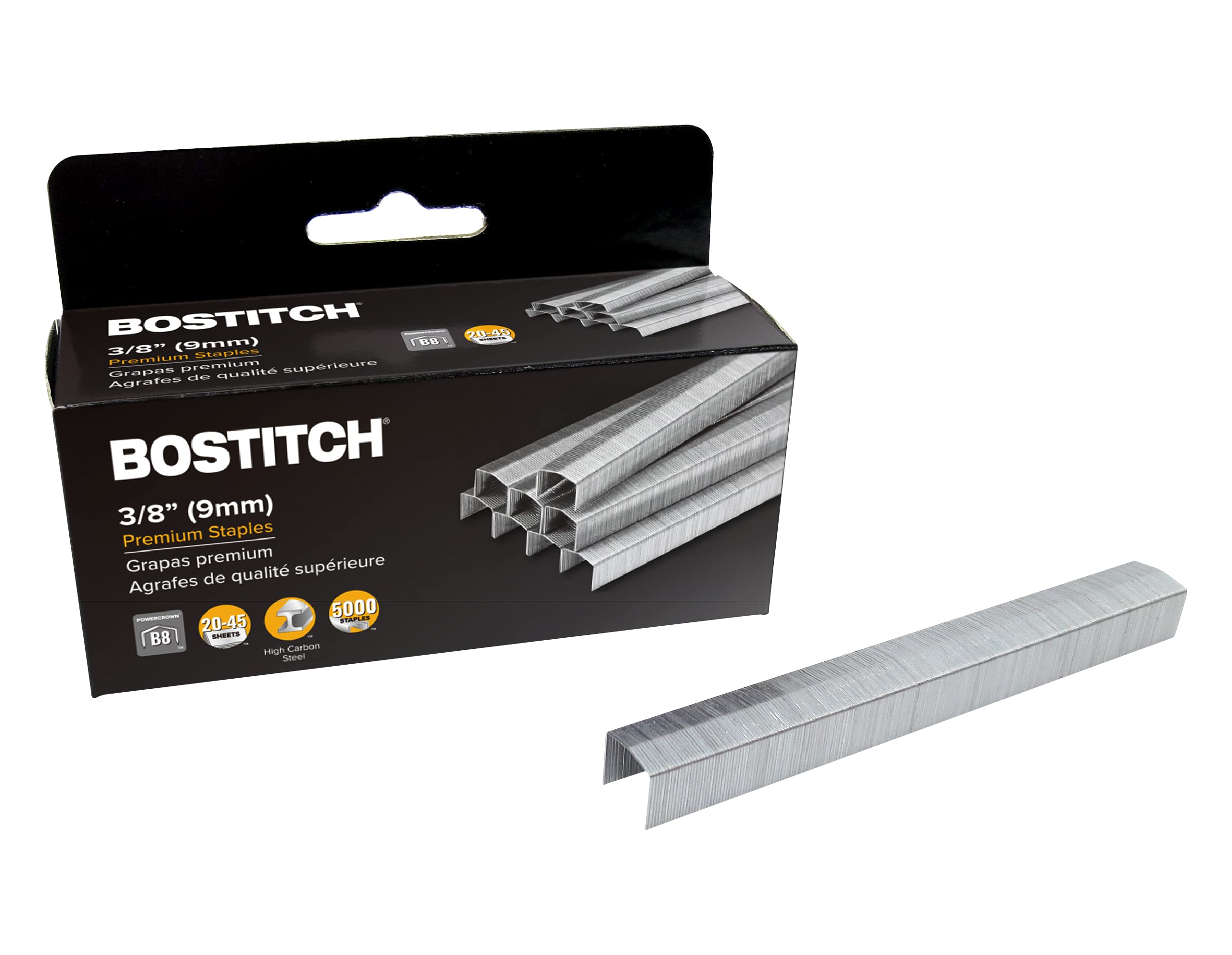 Bostitch B8 PowerCrown Staples, 0.375 Inch Leg, 45 Sheet Capacity, 5,000 Per Box (STCR21153/8)