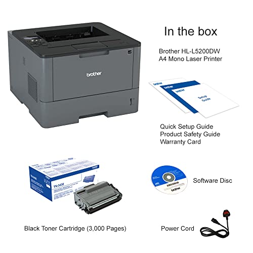 Brother HL-L5200DW Wireless Monochrome Single-Function Laser Printer - Print only - 42 ppm, 1200 x 1200 dpi, Auto Duplex Printing, 8.5" x 14", 256MB Memory, Ethernet, 1-line LCD