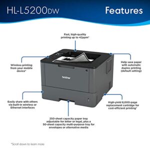 Brother HL-L5200DW Wireless Monochrome Single-Function Laser Printer - Print only - 42 ppm, 1200 x 1200 dpi, Auto Duplex Printing, 8.5" x 14", 256MB Memory, Ethernet, 1-line LCD