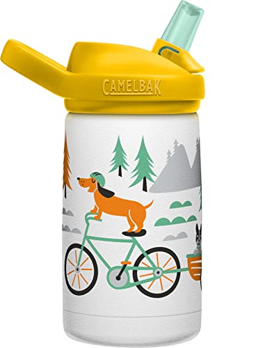 CamelBak Eddy+ Kids 12 oz Bottle, Insulated Stainless Steel with Straw Cap - Leak Proof When Closed,Biking Dogs