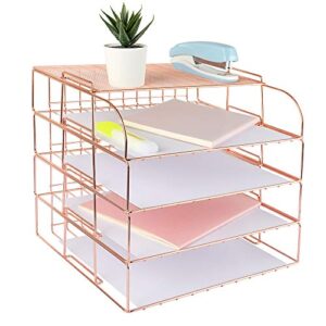 spacrea letter tray, 4 tier rose gold desk organizers and accessories for women, stackable paper tray organizer desk file organizer with 1 upper display shelf (rose gold)