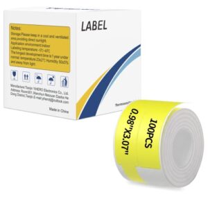 1"x3" 200Labels,YiHERO Cable Label No Ink Required,Thermal Label Paper,Waterproof Tear Resistant Compatible with Label Printer YiHERO YP1/YP10, Phomemo M110/M120,(25×38+40mm),2Roll ,Black on Yellow…