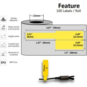 1"x3" 200Labels,YiHERO Cable Label No Ink Required,Thermal Label Paper,Waterproof Tear Resistant Compatible with Label Printer YiHERO YP1/YP10, Phomemo M110/M120,(25×38+40mm),2Roll ,Black on Yellow…