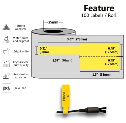 1"x3" 200Labels,YiHERO Cable Label No Ink Required,Thermal Label Paper,Waterproof Tear Resistant Compatible with Label Printer YiHERO YP1/YP10, Phomemo M110/M120,(25×38+40mm),2Roll ,Black on Yellow…