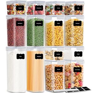 airtight food storage containers with lids, 14 pcs plastic cereal kitchen stackable food storage buckets food canisters for kitchen pantry organization snacks and sugar include 24 labels, black