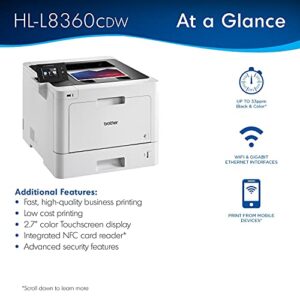 Brother Business Wireless Color Laser Printer, HL-L8360CDW, Auto 2-Sided Printing, Mobile Printing, Cloud Printing, 2.7" Color Touchscreen LCD, Ethernet, Up to 33ppm, White