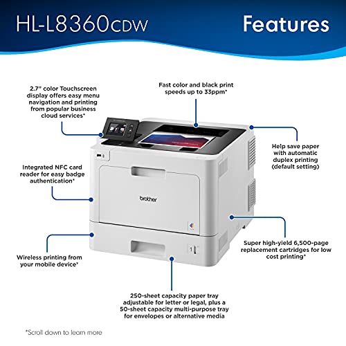 Brother Business Wireless Color Laser Printer, HL-L8360CDW, Auto 2-Sided Printing, Mobile Printing, Cloud Printing, 2.7" Color Touchscreen LCD, Ethernet, Up to 33ppm, White