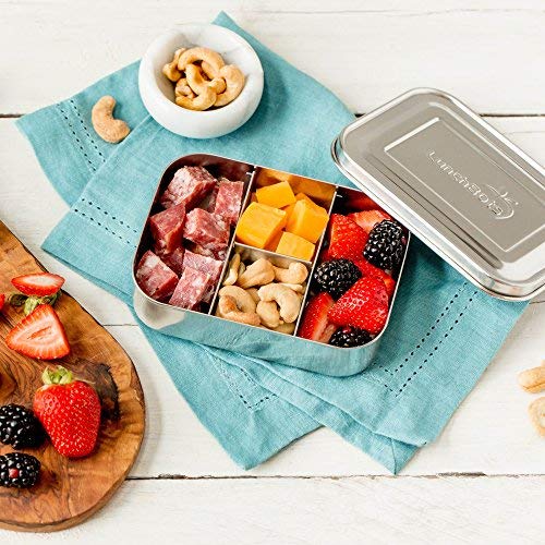 LunchBots Small Protein Packer Toddler Bento Box - Extra Small Divided Stainless Steel Snack Container - 4 Sections for 1-2oz of Nuts, Meat, Cheese, Finger Foods - Dishwasher Safe - Stainless Lid