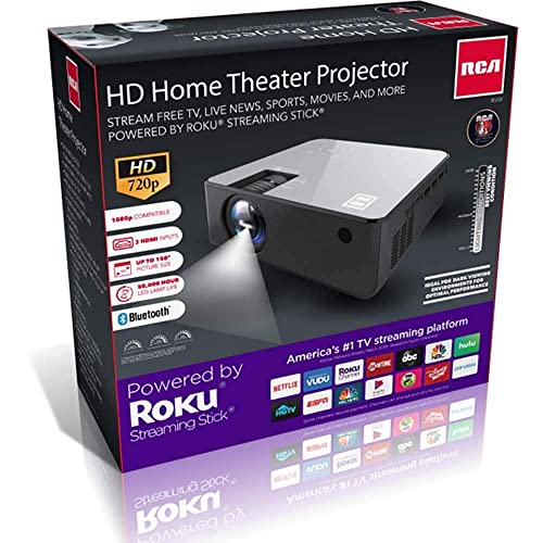 RCA Roku Smart Home Theater Projector - Stream Netflix, Prime Video, Hulu, Disney+, Apple TV+ and More - Portable Projector Compatible with TV, PC, HDMI, USB, VGA - Living Room/Backyard Projector