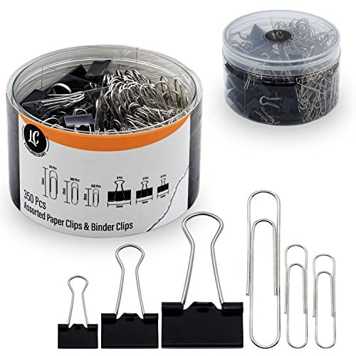 350 Pack Paper Clips and Binder Clips Set by Luxurecourt - Binders & Paperclips Assorted Sizes in Container with Compartments, Silver Paper Clips & Black Binder clips for Home, School, Office Supplies