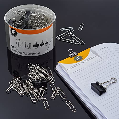 350 Pack Paper Clips and Binder Clips Set by Luxurecourt - Binders & Paperclips Assorted Sizes in Container with Compartments, Silver Paper Clips & Black Binder clips for Home, School, Office Supplies