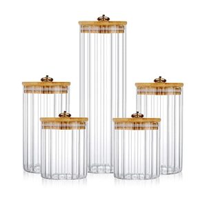 glass storage jars set of 5, decorative coffee bar container with airtight bamboo lid metal ring for home kitchen storing candy, cookie, pasta, nuts, oatmeal and bathroom salt