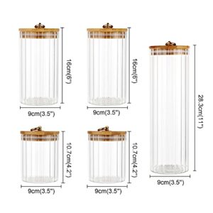 Glass Storage Jars Set of 5, Decorative Coffee Bar Container with Airtight Bamboo Lid Metal Ring for Home Kitchen Storing Candy, Cookie, Pasta, Nuts, Oatmeal and Bathroom Salt