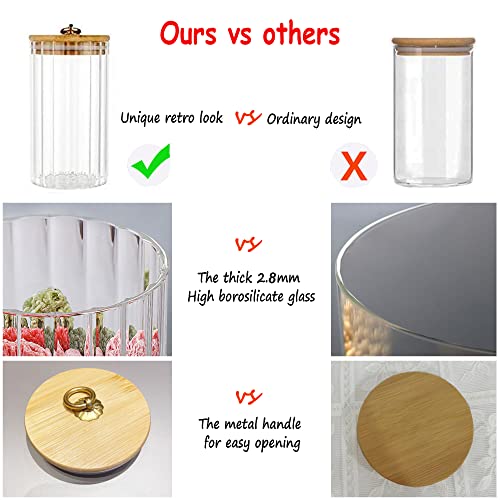 Glass Storage Jars Set of 5, Decorative Coffee Bar Container with Airtight Bamboo Lid Metal Ring for Home Kitchen Storing Candy, Cookie, Pasta, Nuts, Oatmeal and Bathroom Salt