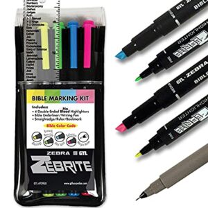 G.T. Luscombe Company, Inc. Zebrite Bible Marking Kit | No Bleed Pigmented Ink | No Fading or Smearing | Double Ended Highlighters, MilliPen & Books of the Bible Ruler/Bookmark (Set of 5 + Ruler)