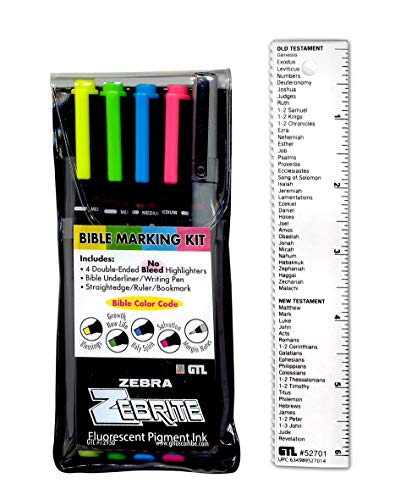 G.T. Luscombe Company, Inc. Zebrite Bible Marking Kit | No Bleed Pigmented Ink | No Fading or Smearing | Double Ended Highlighters, MilliPen & Books of the Bible Ruler/Bookmark (Set of 5 + Ruler)