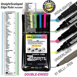 G.T. Luscombe Company, Inc. Zebrite Bible Marking Kit | No Bleed Pigmented Ink | No Fading or Smearing | Double Ended Highlighters, MilliPen & Books of the Bible Ruler/Bookmark (Set of 5 + Ruler)