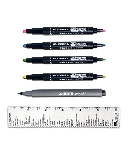 G.T. Luscombe Company, Inc. Zebrite Bible Marking Kit | No Bleed Pigmented Ink | No Fading or Smearing | Double Ended Highlighters, MilliPen & Books of the Bible Ruler/Bookmark (Set of 5 + Ruler)