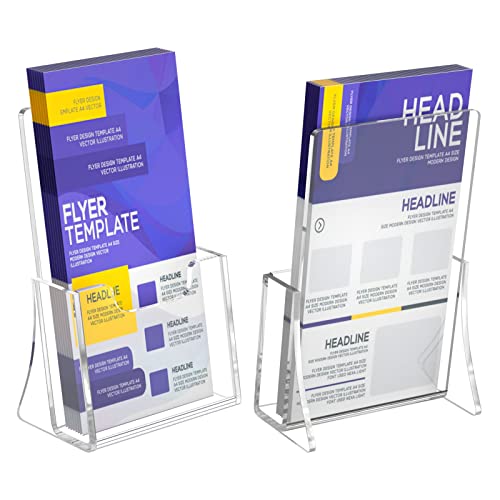 NIUBEE Acrylic Brochure Holder for 4’’ Trifold Pages, 50% Thicker Countertop Acrylic Literature Holder Plastic Flyer Display Stand for Magazine, Pamphlet, Booklets, Menu, Journals, 2 Pack