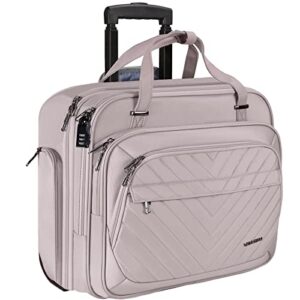 vankean rolling laptop bag women with wheels, 15.6 inch rolling briefcase for women, water repellent overnight rolling computer bag with rfid pockets for travel business work school, light dusty pink