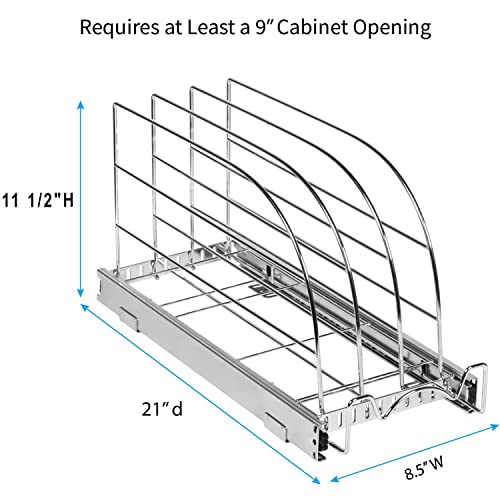 Pull Out Organizer for Cookie Sheet, Cutting Board, Bakeware, and Tray, Sliding Rack- Heavy Duty-5 Year Limited Warranty - for Under Sink / Under Cabinet, 8.5”W x 21”D x 10.63”H, Chrome