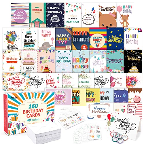 feela Birthday Cards, 160 Pack 40 Designs Happy Birthday Card Assorted Bulk with 160 Blank Envelopes 168 Pieces of Stickers 6 Washi Tapes, 4 X 6 Inches Greeting Cards For Girls Family Friends