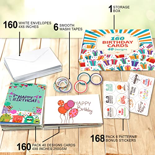 feela Birthday Cards, 160 Pack 40 Designs Happy Birthday Card Assorted Bulk with 160 Blank Envelopes 168 Pieces of Stickers 6 Washi Tapes, 4 X 6 Inches Greeting Cards For Girls Family Friends