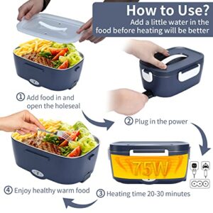 Electric Lunch Box, 75W Portable Food Heater for Adults, Fast Heating Food Warmer for Car Truck Home Office 110V/12V/24V with 1.5L 304 Stainless Steel Container, Fork Spoon and Bag, Blue+White