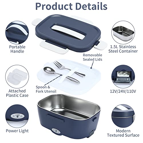 Electric Lunch Box, 75W Portable Food Heater for Adults, Fast Heating Food Warmer for Car Truck Home Office 110V/12V/24V with 1.5L 304 Stainless Steel Container, Fork Spoon and Bag, Blue+White