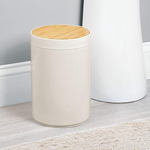 mDesign Plastic Round Trash Can Small Wastebasket, Garbage Bin Container with Swing-Close Lid, Kitchen, Bathroom, Home Office, Bedroom Basket; Holds Waste, Recycling,1.3 Gallon -Cream/Beige/Natural