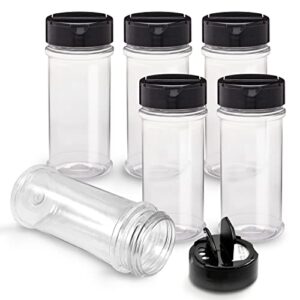 royalhouse 6 pack 5.5 oz plastic spice jars with black cap, clear and safe plastic bottle containers with shaker lids for storing spice, herbs and seasoning powders, bpa free, made in usa