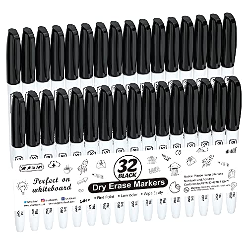 Dry Erase Markers, Shuttle Art 32 Pack Black Whiteboard Markers,Fine Tip Dry Erase Markers for Kids,Perfect for Writing on Whiteboards, Dry-Erase Boards,Mirror,Calender,School Office Supplies