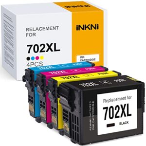 inkni remanufactured ink cartridge replacement for epson 702 702 xl 702xl high yield for workforce pro wf-3720 wf-3730 wf-3733 printer (black, cyan, magenta, yellow, 4-pack)