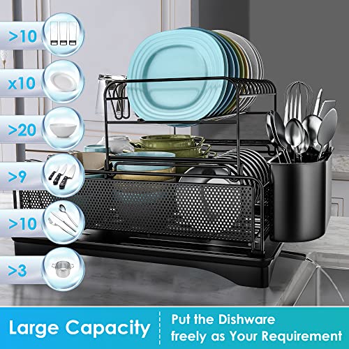 Wahopy Dish Drying Rack 2 Tiers Large Dish Rack Drainboard Set with Adjustable Swivel Spout, Utensil Cutlery Holder, Antislip Silicone Cap, Dish Drainer | Dish Strainer Rack for Kitchen Counter Sink