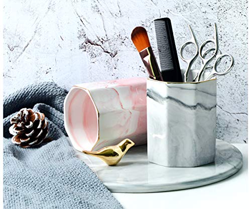 WAVEYU Pen Holder, Stand for Desk Marble Pattern Pencil Cup for Girls Kids Durable Ceramic Desk Organizer Makeup Brush Holder for Office, Classroom, Home, Gray Marble