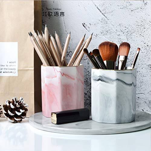 WAVEYU Pen Holder, Stand for Desk Marble Pattern Pencil Cup for Girls Kids Durable Ceramic Desk Organizer Makeup Brush Holder for Office, Classroom, Home, Gray Marble