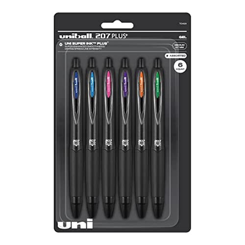 uni-ball 207 Plus+ Retractable Gel Pens 6 Pack in Assorted Colors with 0.7mm Medium Point Pen Tips - Uni-Super Ink+ is Smooth, Vibrant, and Protects Against Water, Fading, and Fraud