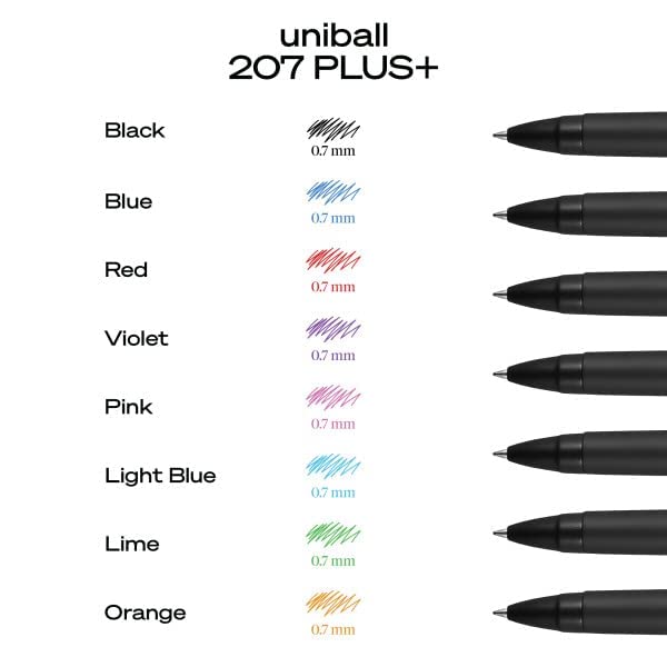 uni-ball 207 Plus+ Retractable Gel Pens 6 Pack in Assorted Colors with 0.7mm Medium Point Pen Tips - Uni-Super Ink+ is Smooth, Vibrant, and Protects Against Water, Fading, and Fraud