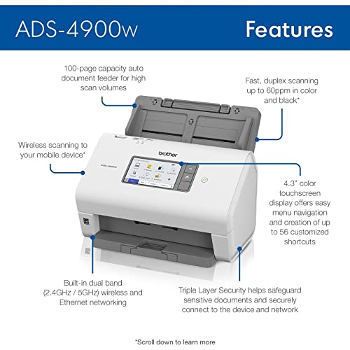 Brother ADS-4900W Professional Desktop Scanner with Fast Scan Speeds, Duplex, Wireless, and Large Touchscreen