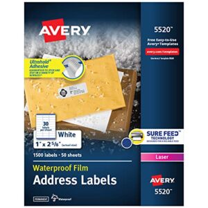 Avery Waterproof Address Labels with Sure Feed & TrueBlock 1" x 2-5/8", 1,500 White Laser Labels (5520)