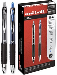 uniball signo 207 retractable gel pens – medium point – 6 black with 6 blue ink pens (total of 12 pens)