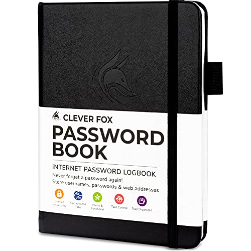 Clever Fox Password Book with tabs. Internet Address and Password Organizer Logbook with alphabetical tabs. Small Pocket Size Password Keeper Journal Notebook for Computer & Website Logins (Black)