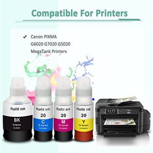 Topcolor Compatible Dye Ink Replacement for Canon GI-20 GI20 Ink Bottles Refills Kit for Canon PIXMA G6020 G5020 G7020 MegaTank Printers, 170mL Black Ink Refill, 70mL Cyan Magenta Yellow, 4 Packs